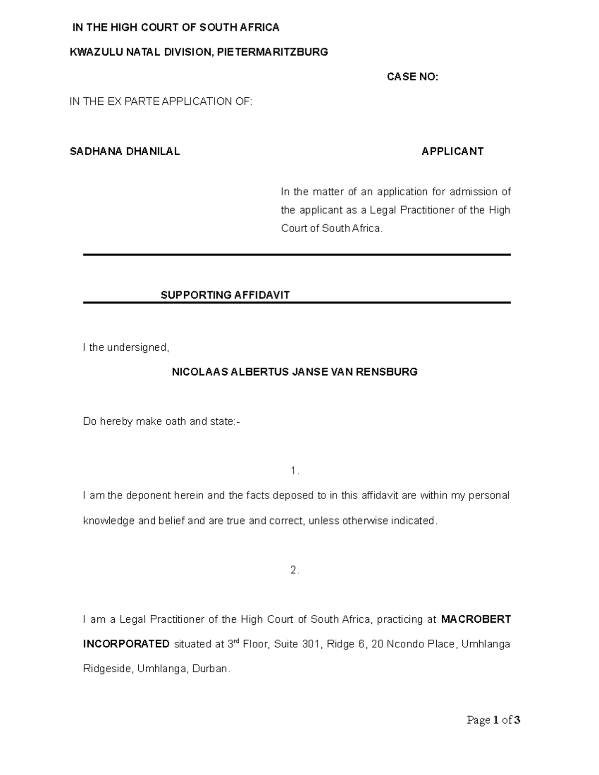 Supporting affidavit for Admission Application - IN THE HIGH COURT OF ...