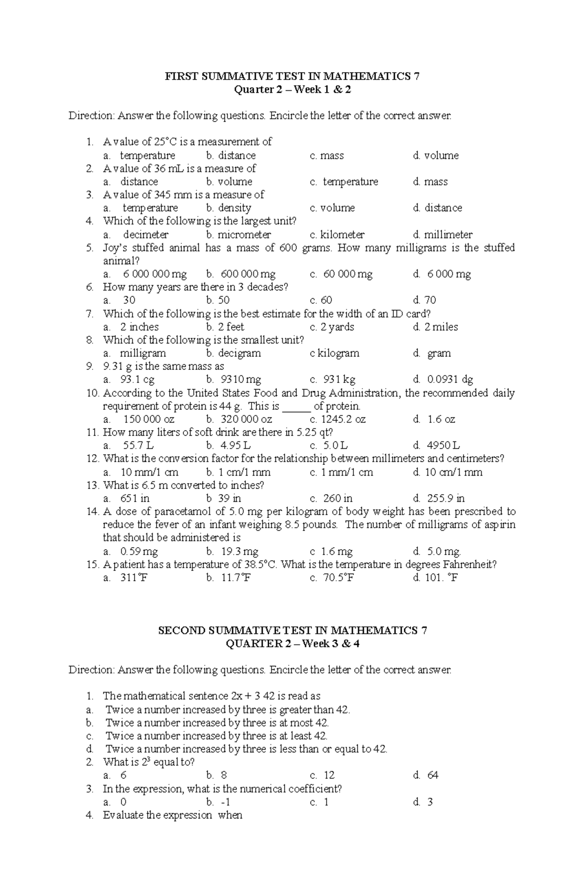 MATH 7 Quarter 2 Summative Test FIRST SUMMATIVE TEST IN MATHEMATICS 7