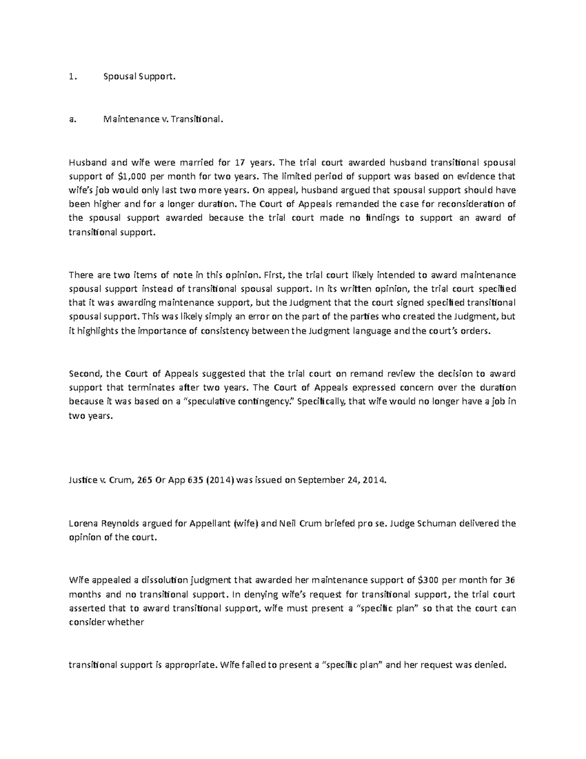 Spousal Support - Lecture Notes in Laws - Spousal Support. a ...