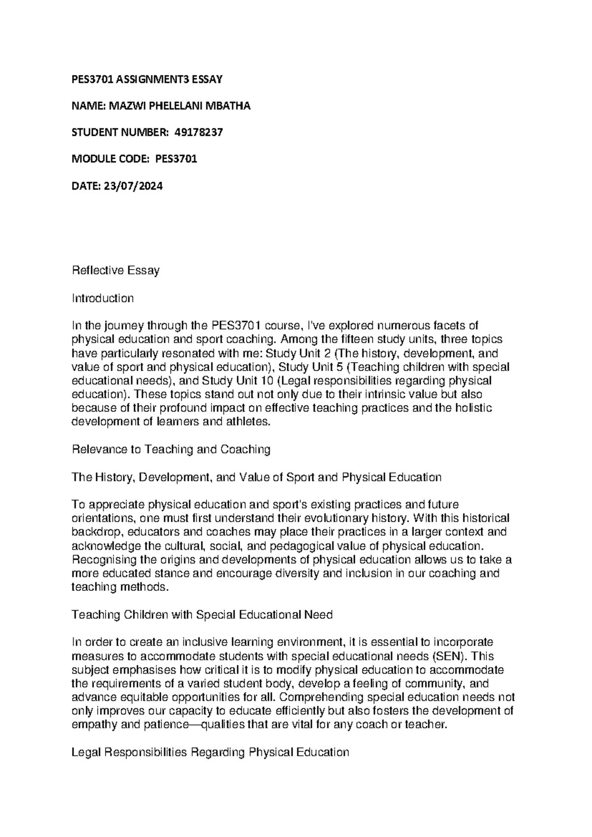 Assignment 3 PES3701 - ESSAY ANSWERS - PES3701 ASSIGNMENT3 ESSAY NAME ...