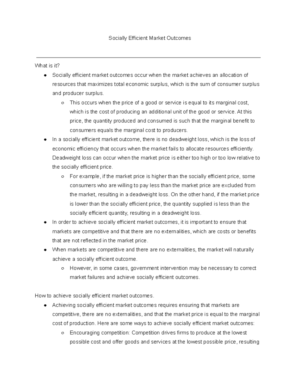 ECO 101 Socially Efficient Market Outcomes - Socially Efficient Market Outcomes What is it ...