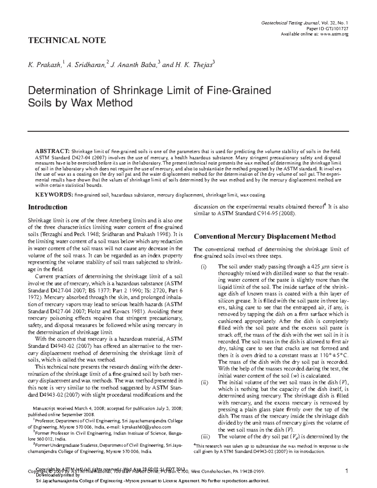 Prakash Shrinkage Wax Method - TECHNICAL NOTE K. Prakash, 1 A ...