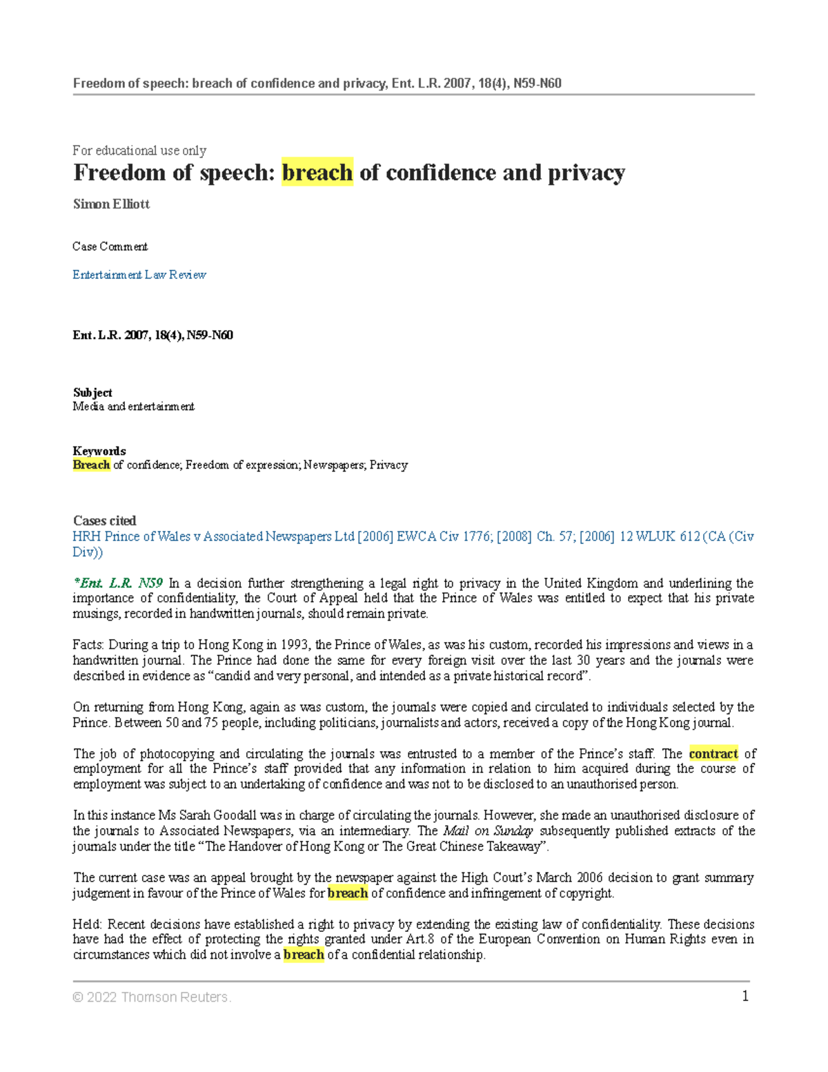 Freedom of speech breach of confidence and privacy - L. 2007, 18(4 ...