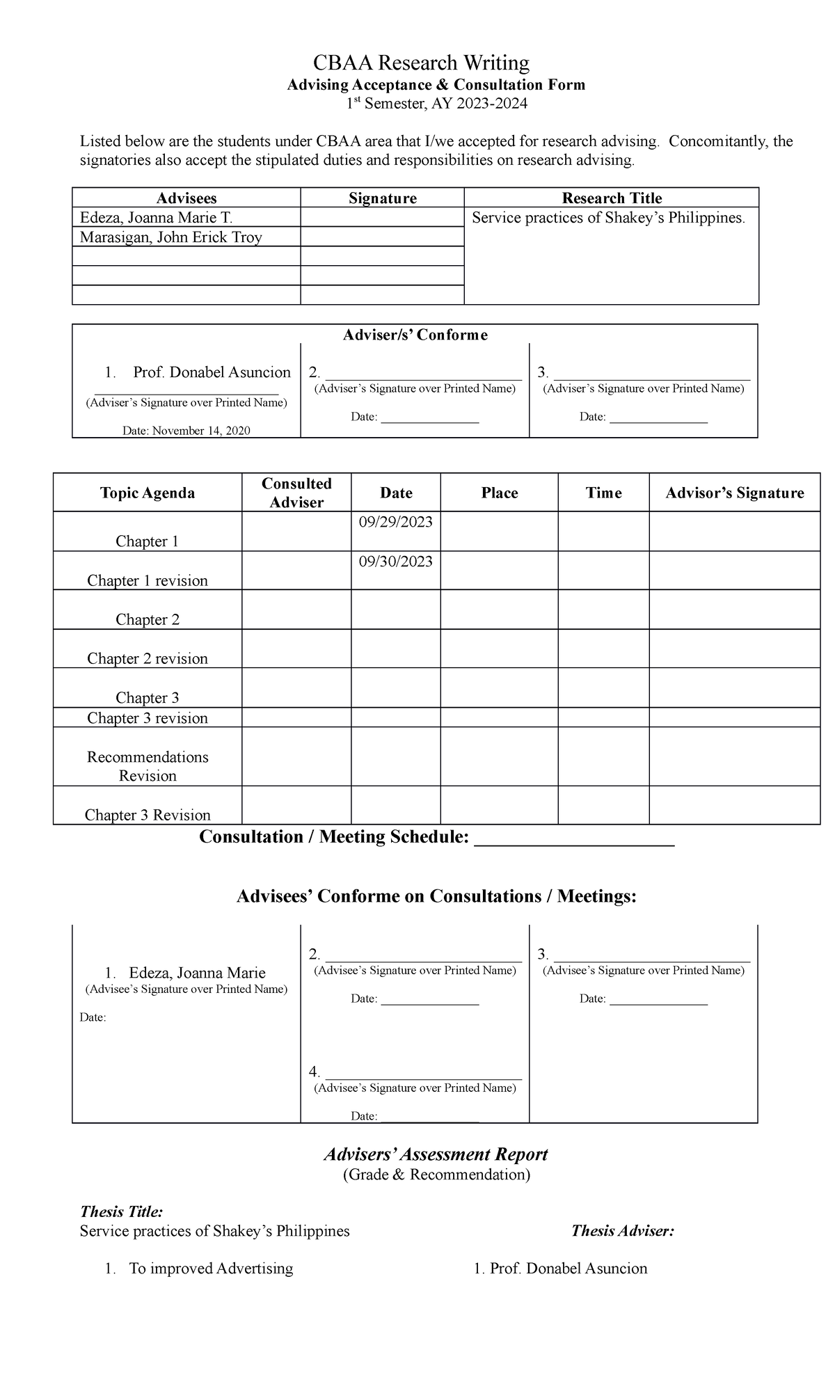 Consultation Form and Advisers Shakeys Philippines#1 - CBAA Research ...