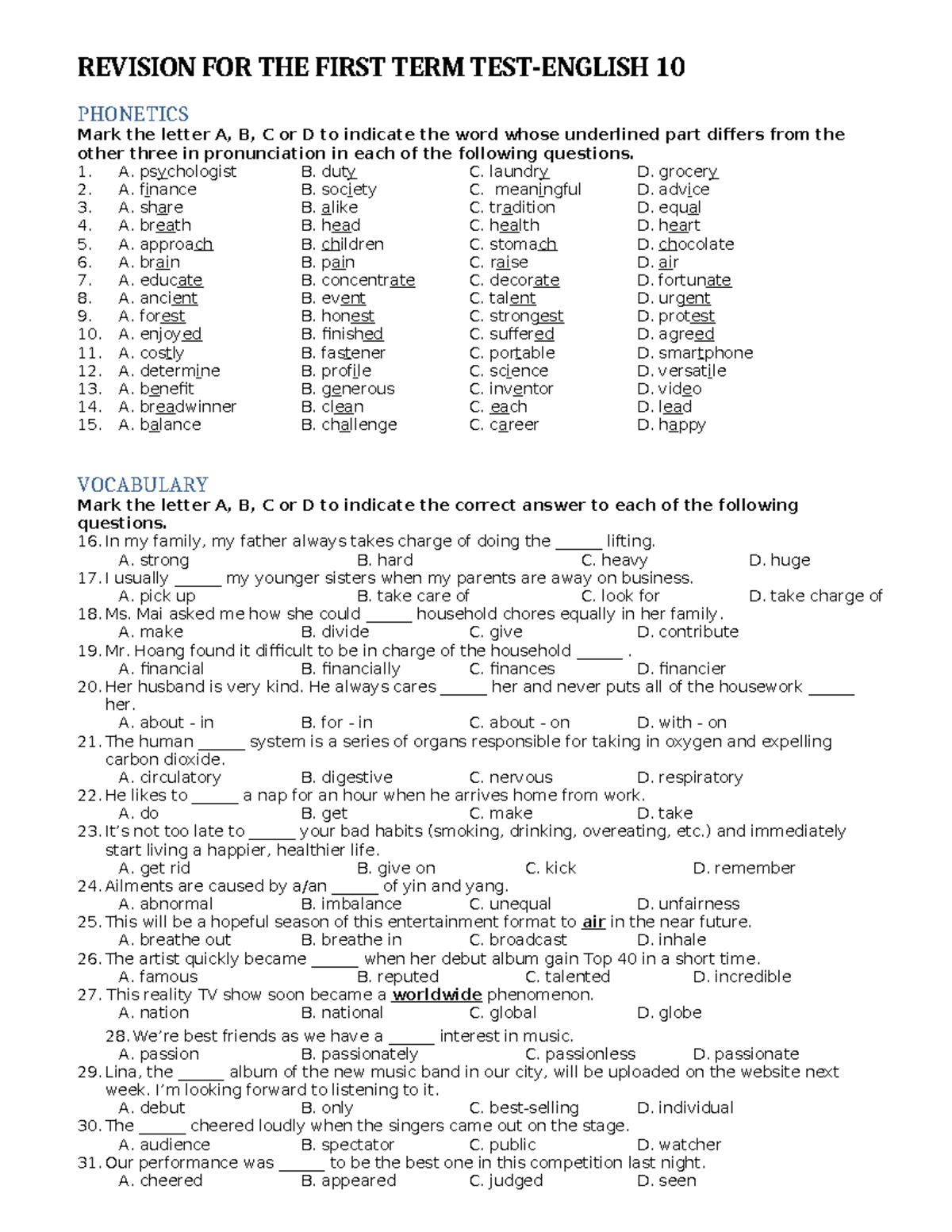 Grade 10 Revision - REVISION FOR THE FIRST TERM TEST-ENGLISH 10 ...