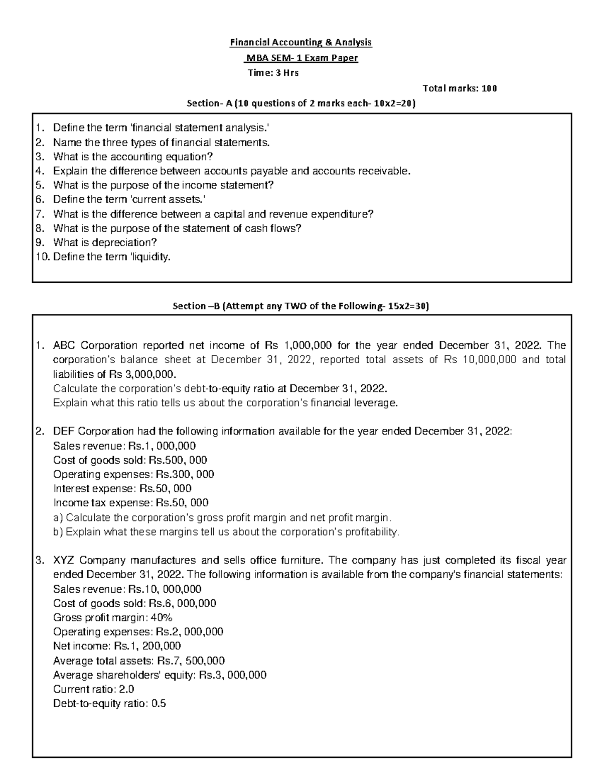 Finance Questions - Financial Accounting & Analysis MBA SEM- 1 Exam ...