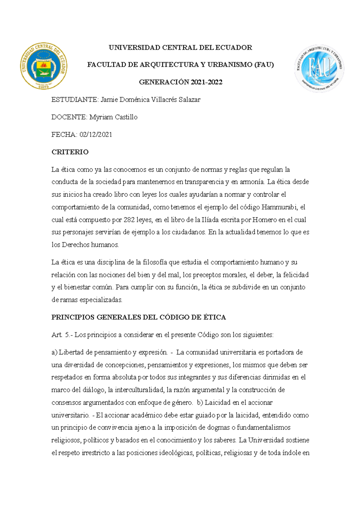 Codigo de etica BSFBS - UNIVERSIDAD CENTRAL DEL ECUADOR FACULTAD DE ...