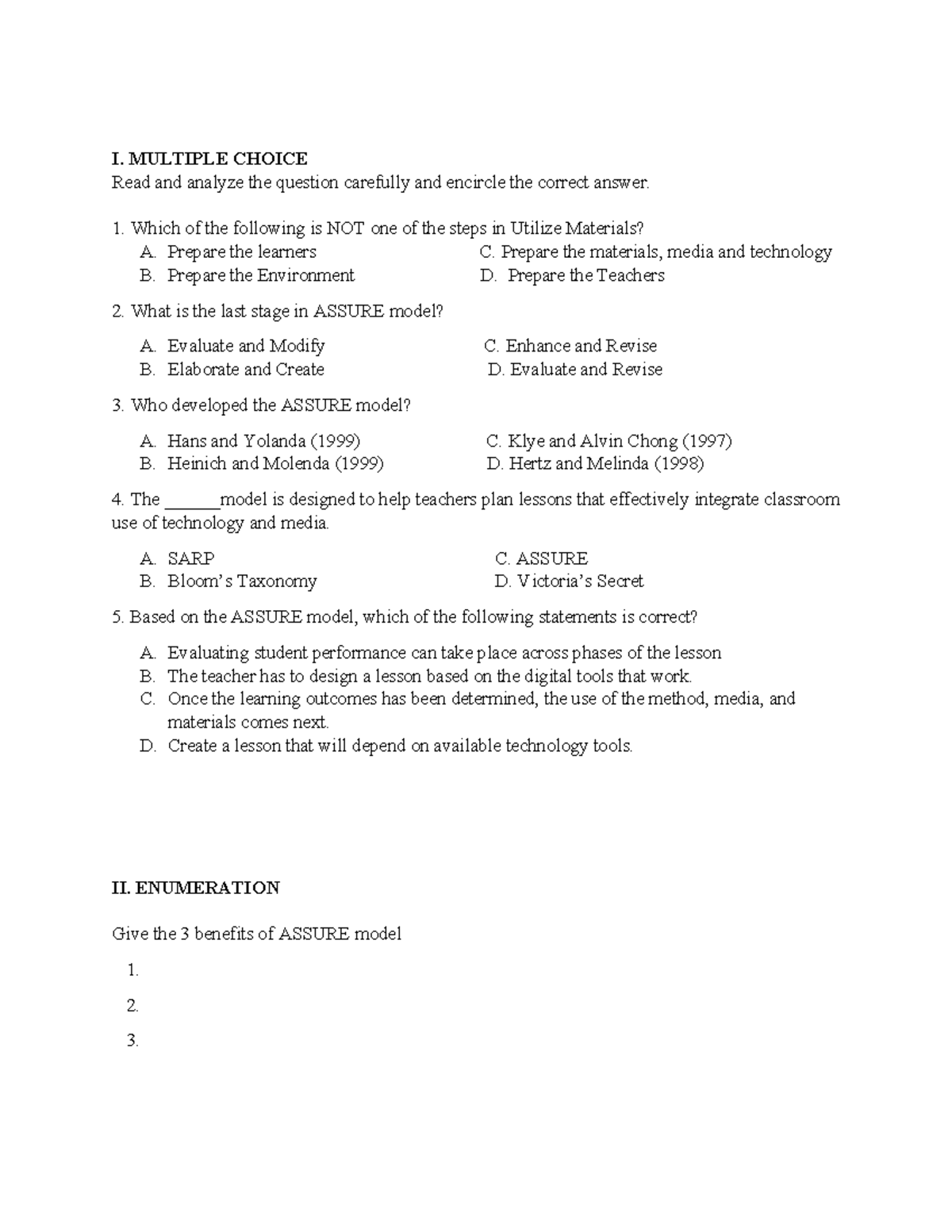 QUIZ - assure model quiz - I. MULTIPLE CHOICE Read and analyze the ...