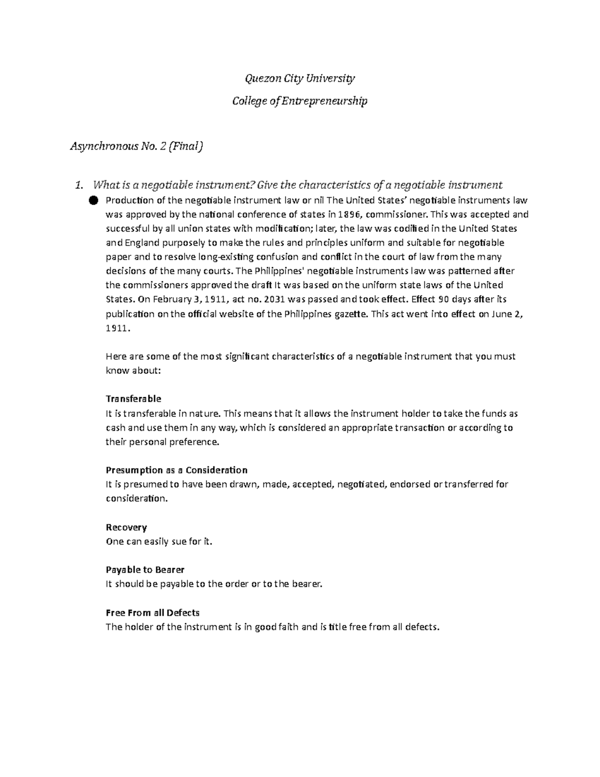 Assignment-No - ASSIGNMENT - Quezon City University College of ...