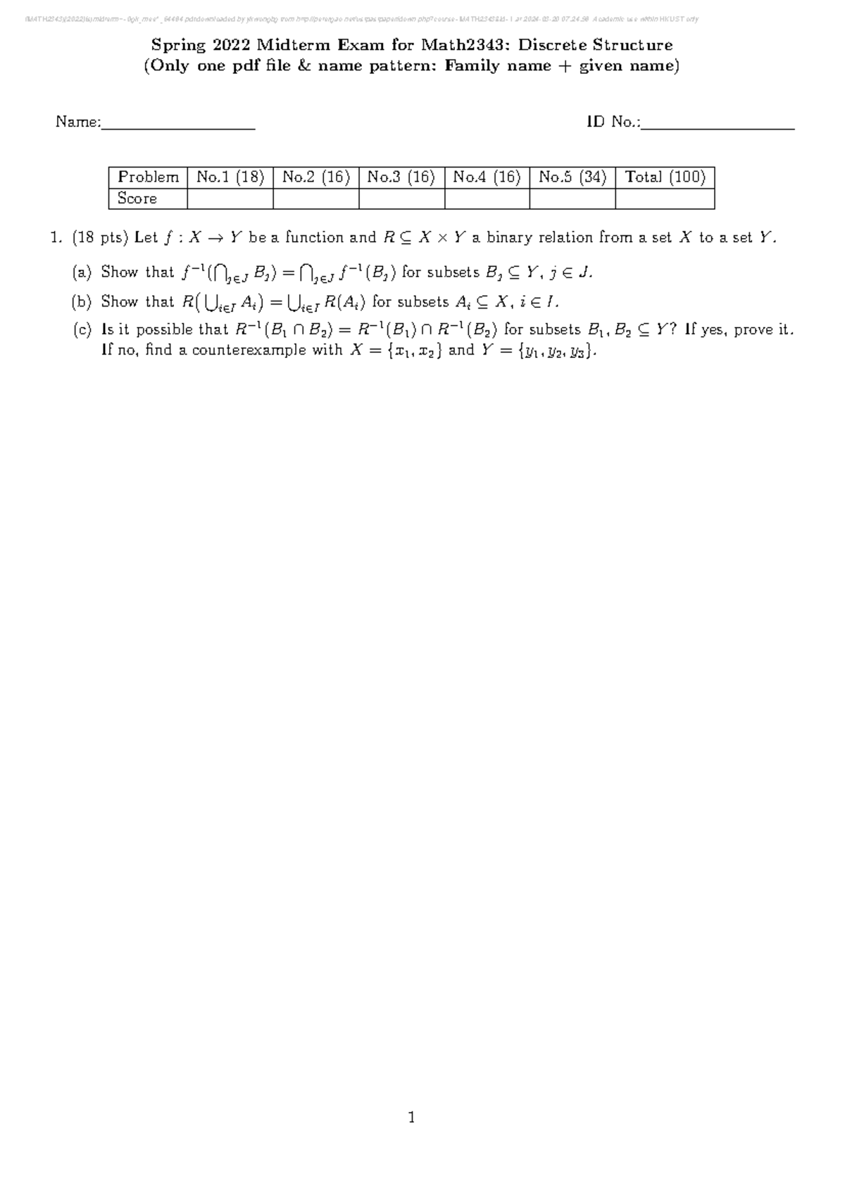 (MATH2343)[2022](s)midterm~=0gk mee^ 64484 - Spring 2022 Midterm Exam for Math2343: Discrete ...