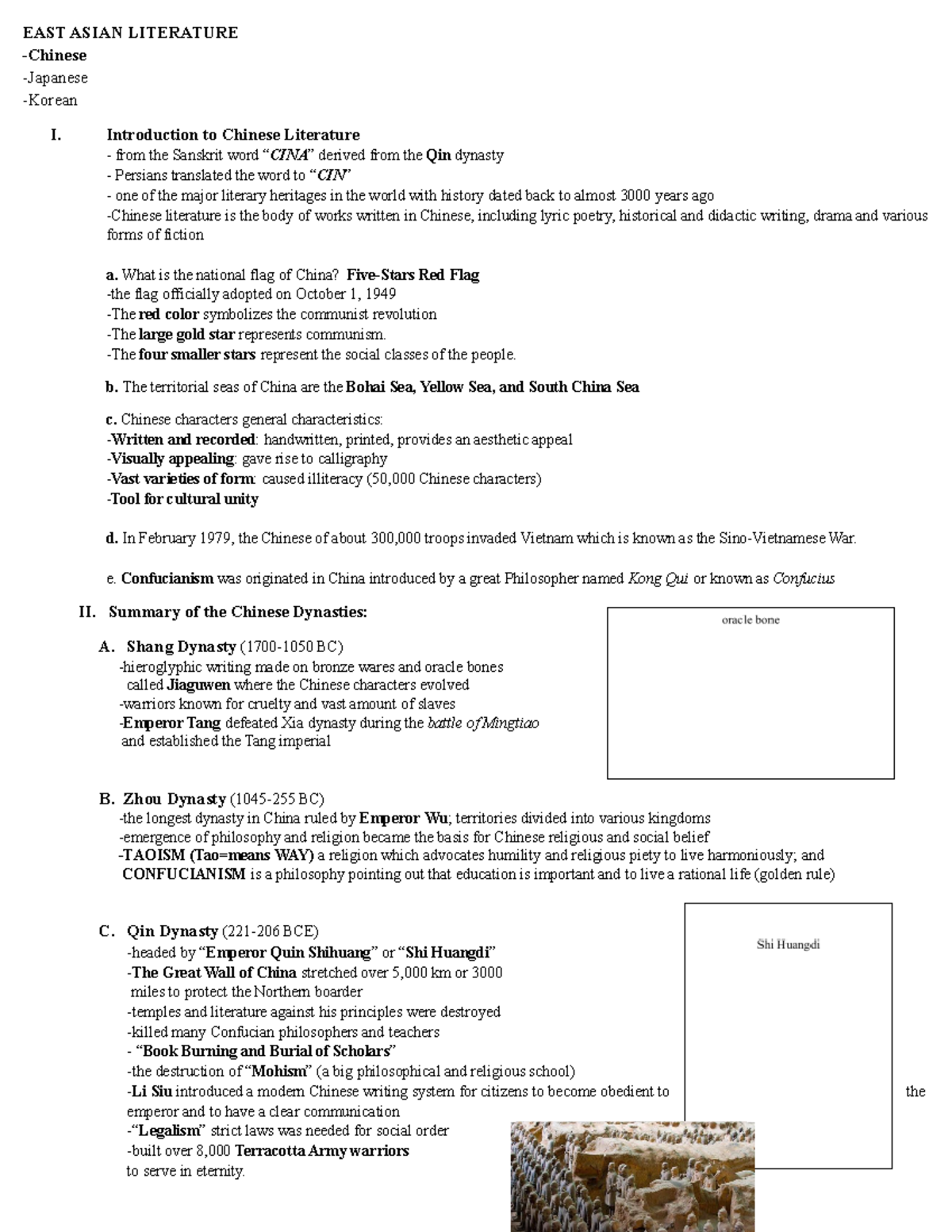 Chinese Lit handout - NOTES - EAST ASIAN LITERATURE -Chinese -Japanese ...