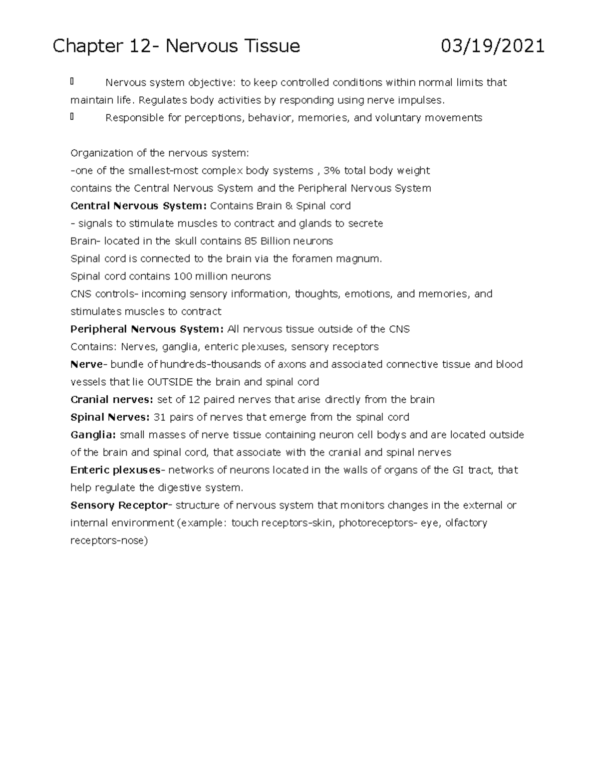 Chapter 12 - Study guide notes - Chapter 12- Nervous Tissue 03/19 ...