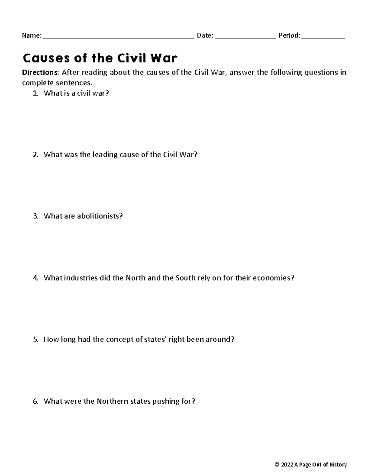Causesofthe Civil War Reading Questions - © 2022 A Page Out of History ...