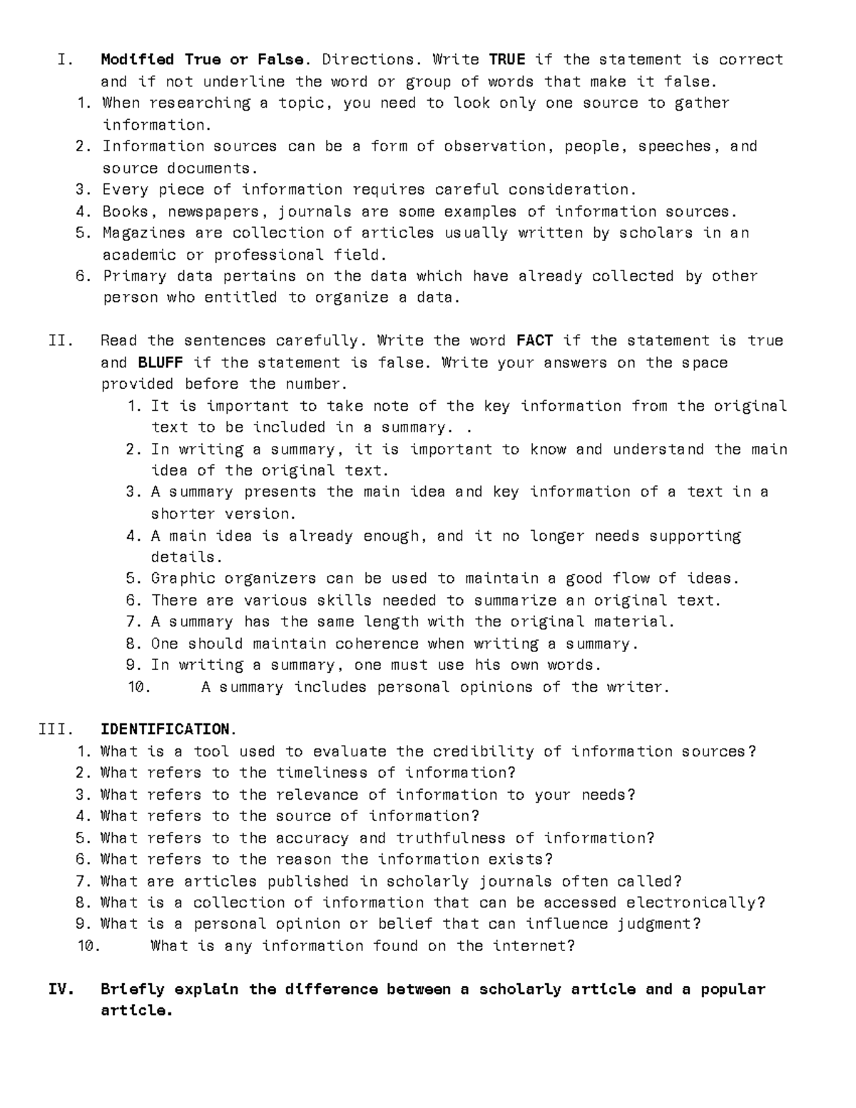 Summative MELC 5 Print - Test Materials - I. Modified True or False ...