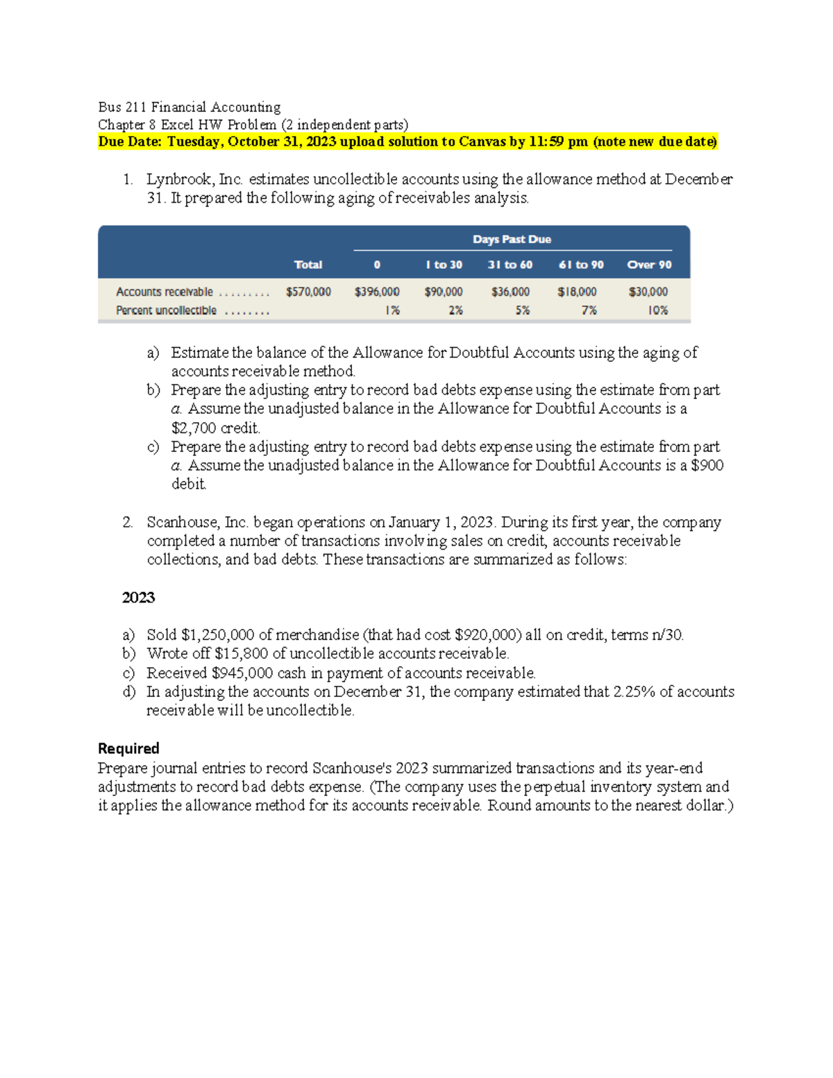 Chapter 08 Excel HW Problem - Bus 211 Financial Accounting Chapter 8 Excel HW Problem (2 ...