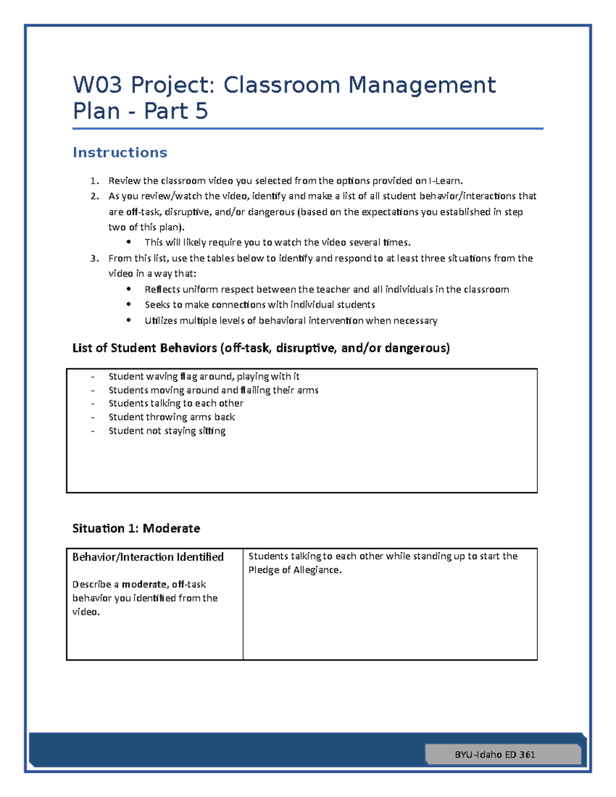Classroom Management Part 5 - W03 Project: Classroom Management Plan ...