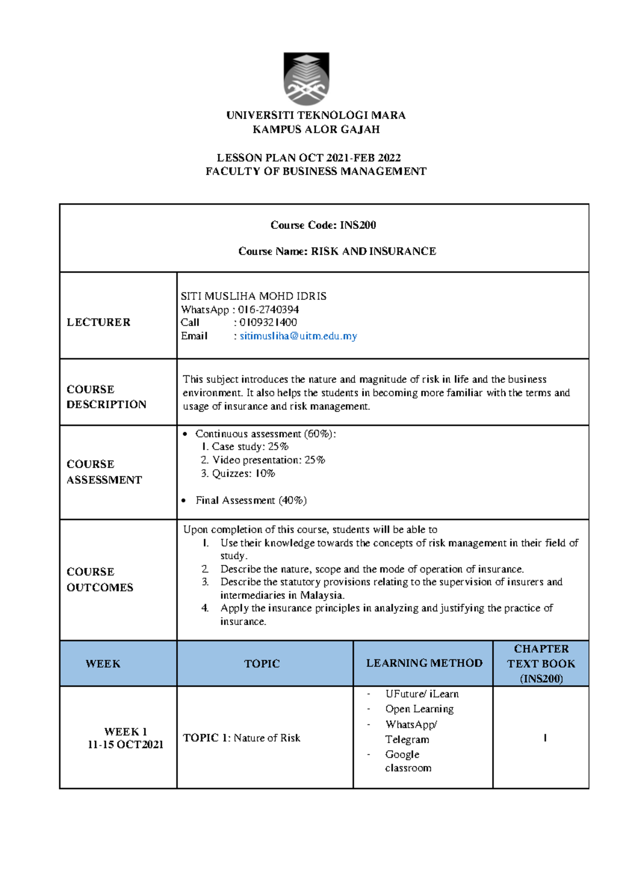 INS200 - Lesson Plan - Lecture notes 1-7 - UNIVERSITI TEKNOLOGI MARA ...