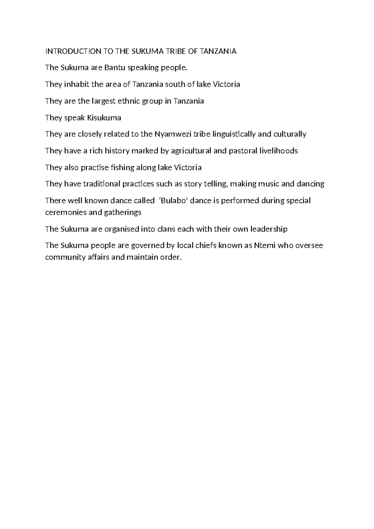 Introduction TO THE Sukuma Tribe OF Tanzania - INTRODUCTION TO THE ...