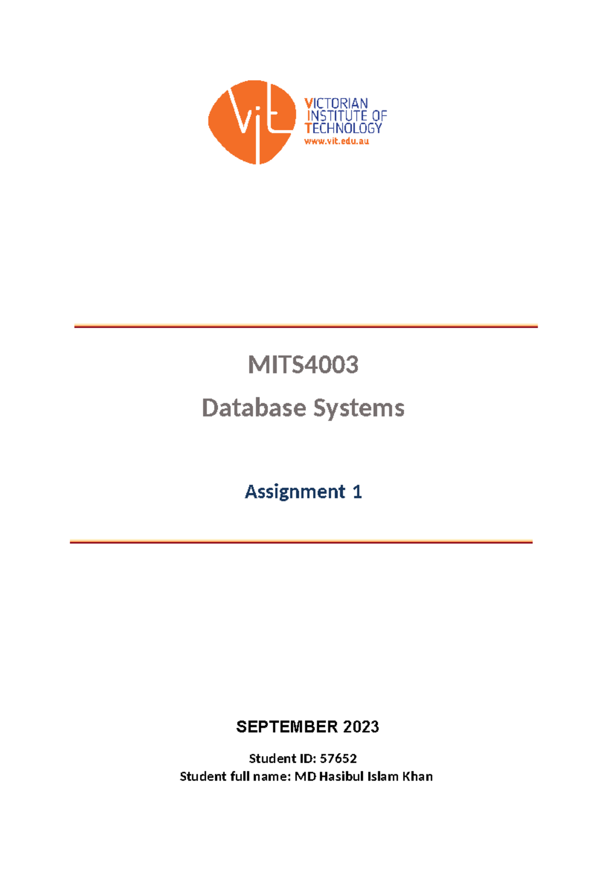 57652 MITS4003 A1 - MITS Database Systems Assignment 1 SEPTEMBER 2023 ...