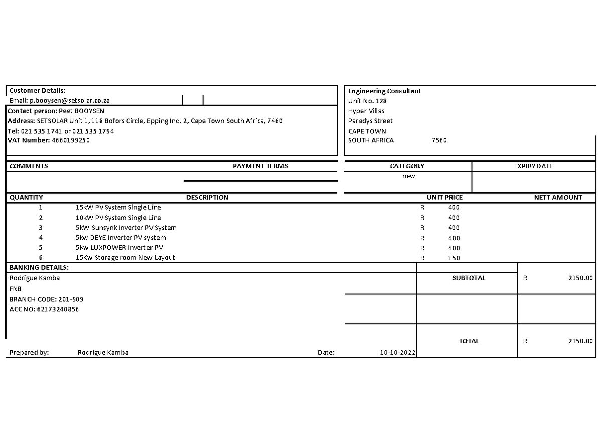 PV System - Layout Invoice - COMMENTS QUANTITY 1 15kW PV System Single ...