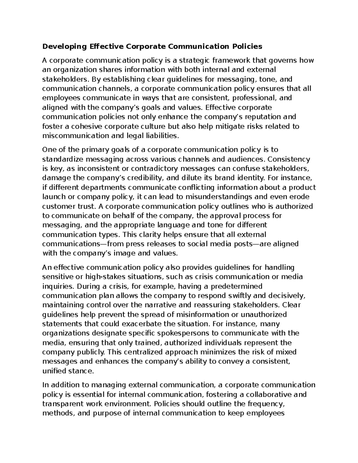 Developing Effective Corporate Communication Policies - By establishing ...