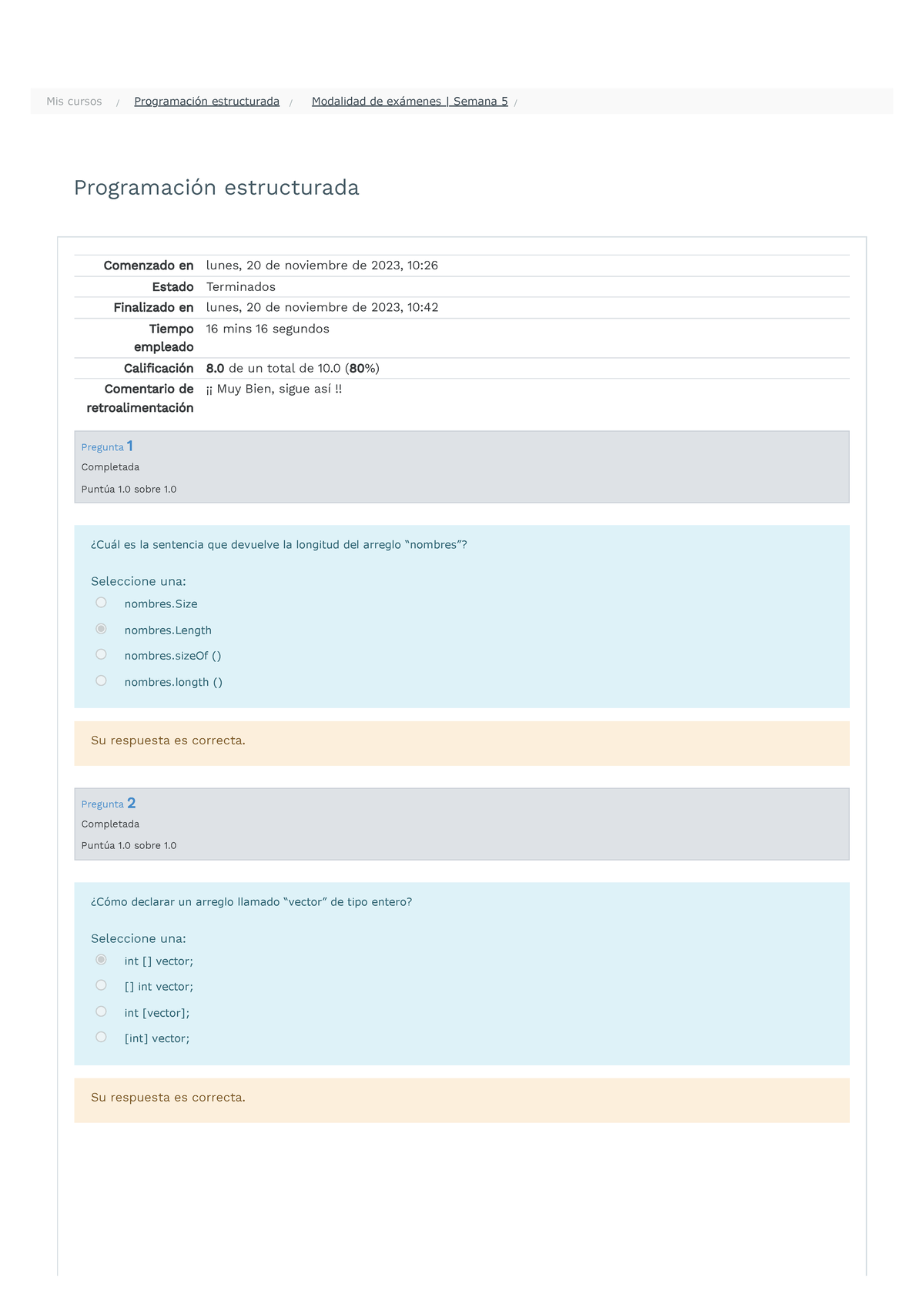 Modalidad de exámenes Semana 5 Revisión del intento - Programación estructurada Comenzado en ...