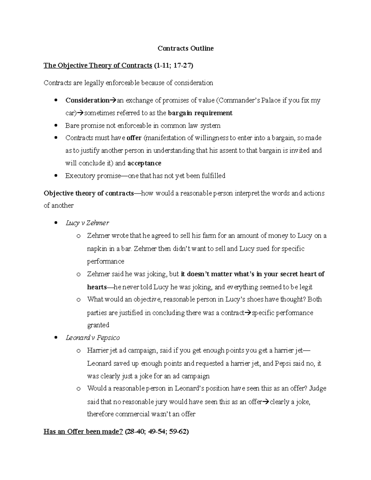 Contracts I, Davies - Contracts Outline The Objective Theory of Contracts (1-11; 17-27 ...