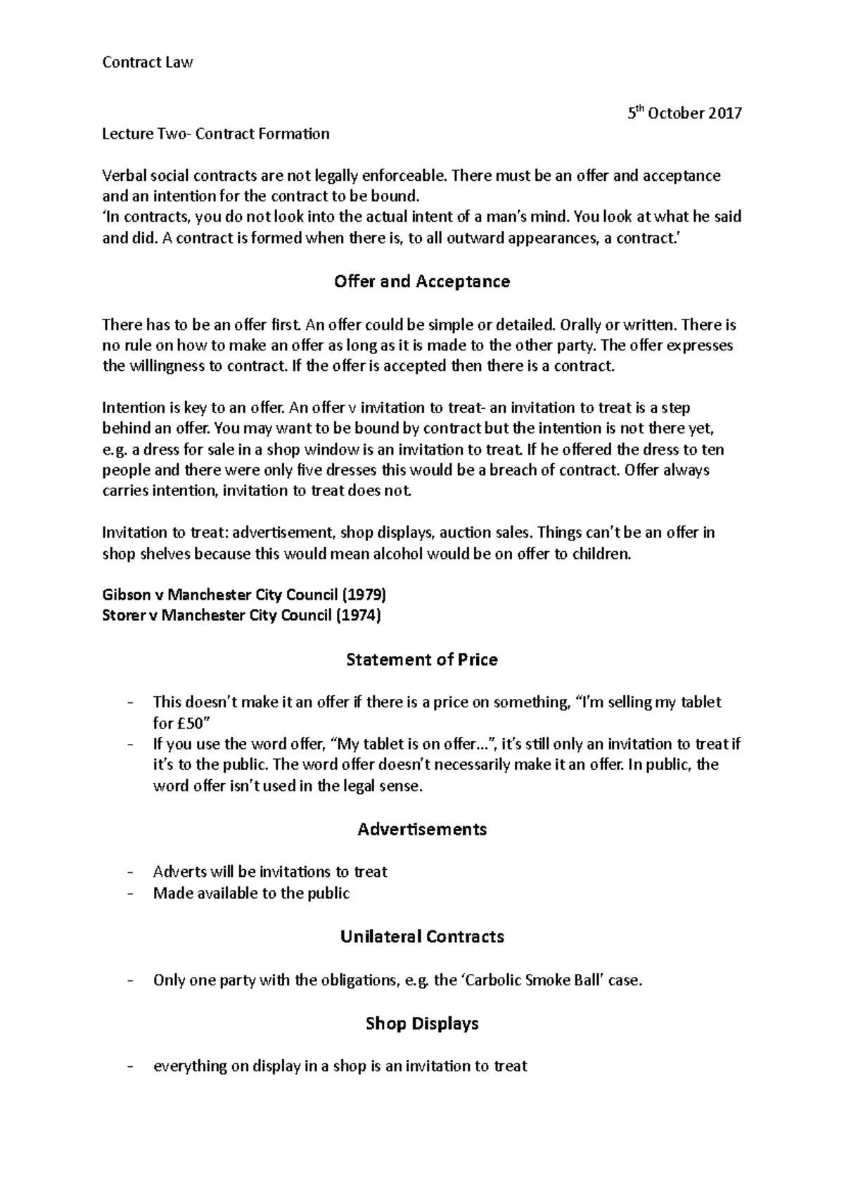 L2, Contract Formation - Contract Law 5th October 2017 Lecture Two- Contract Formation Verbal ...