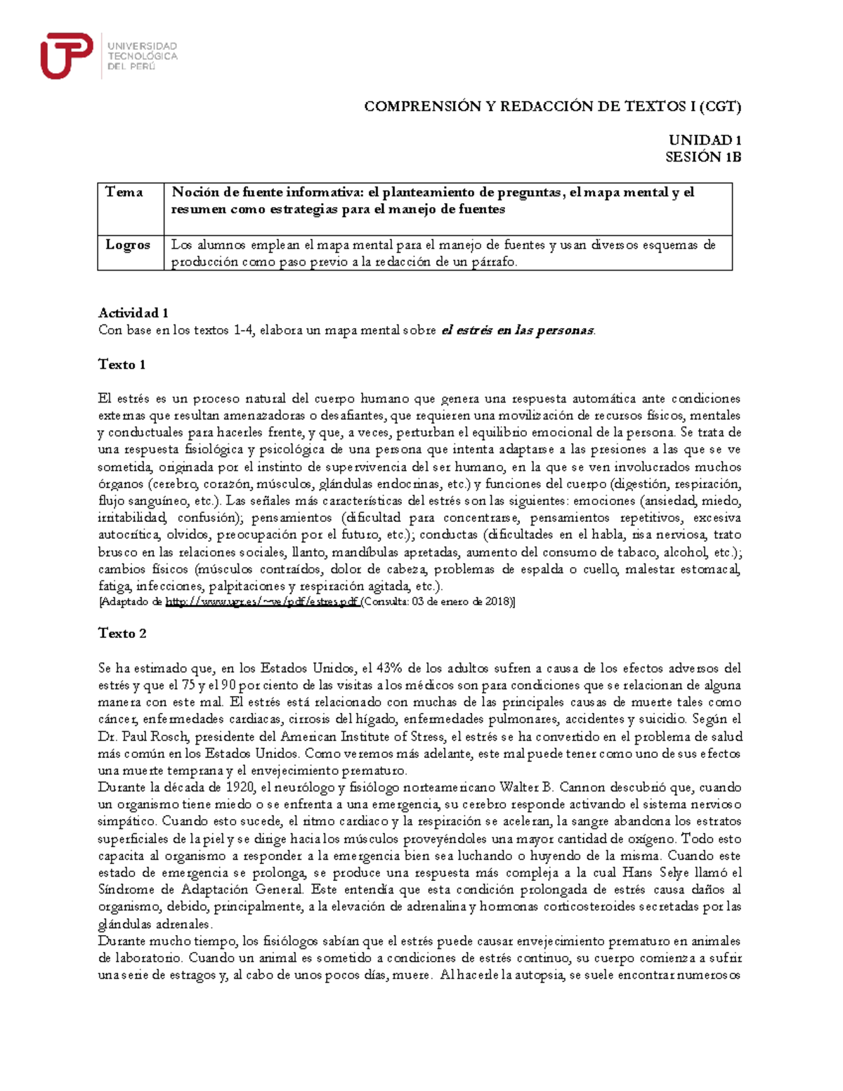 El estres en las personas (EQ3) - COMPRENSI”N Y REDACCI”N DE TEXTOS I (CGT) UNIDAD 1 SESI”N 1B ...
