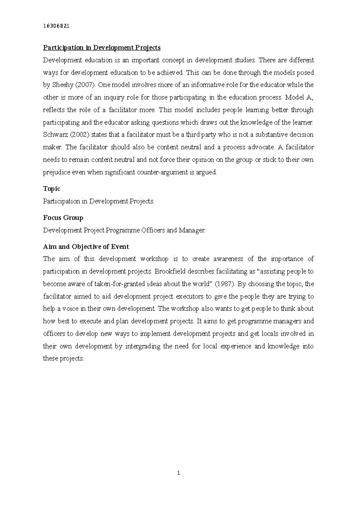 Development Education Assignment - Participation in Development ...