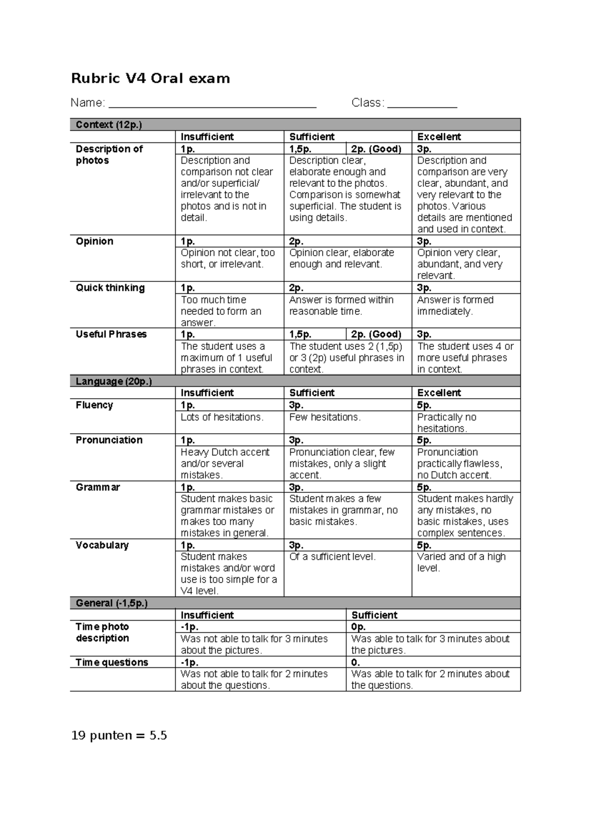 Rubric oral exam V4 - oefenen met mondeling - Rubric V4 Oral exam Name ...