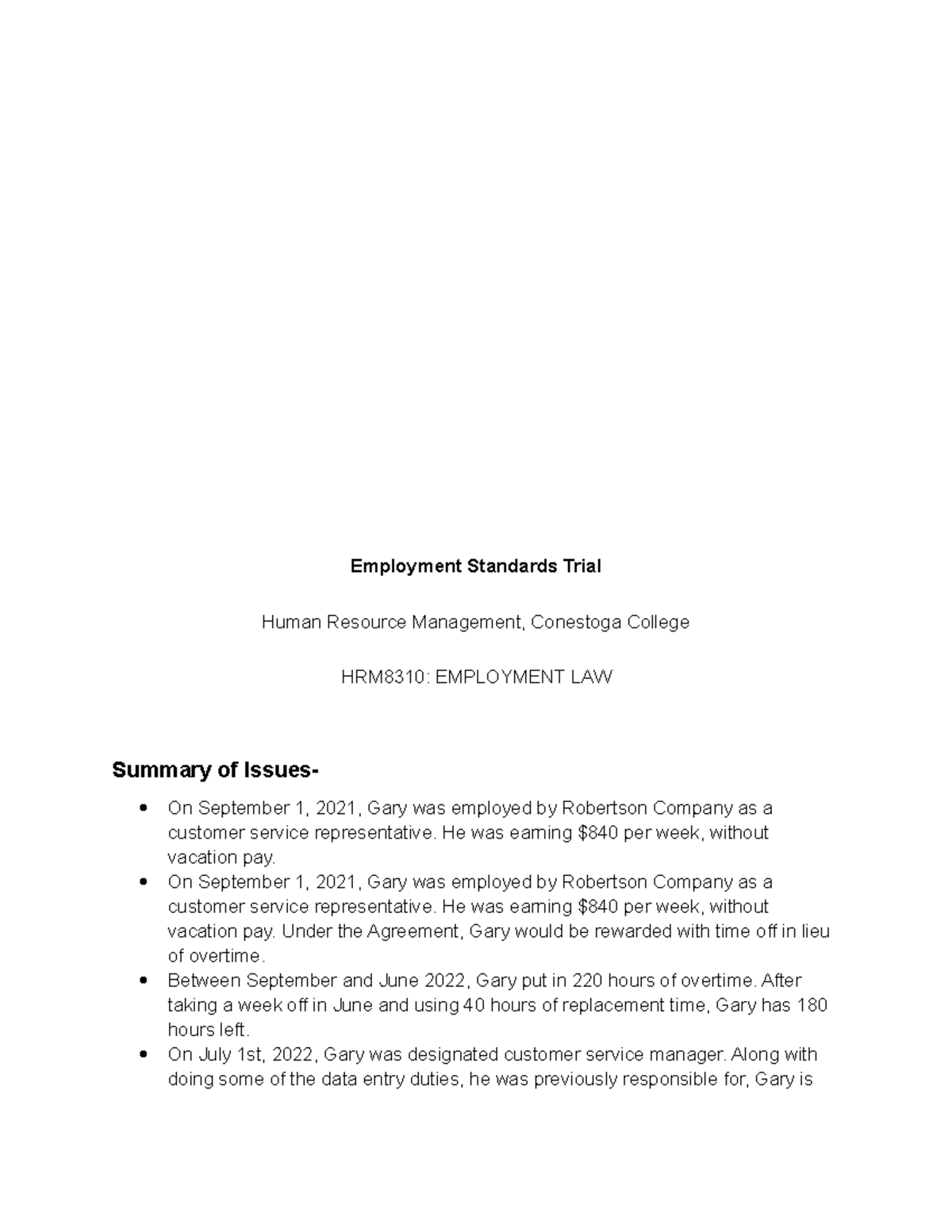 employe standard act report - Employment Standards Trial Human Resource ...