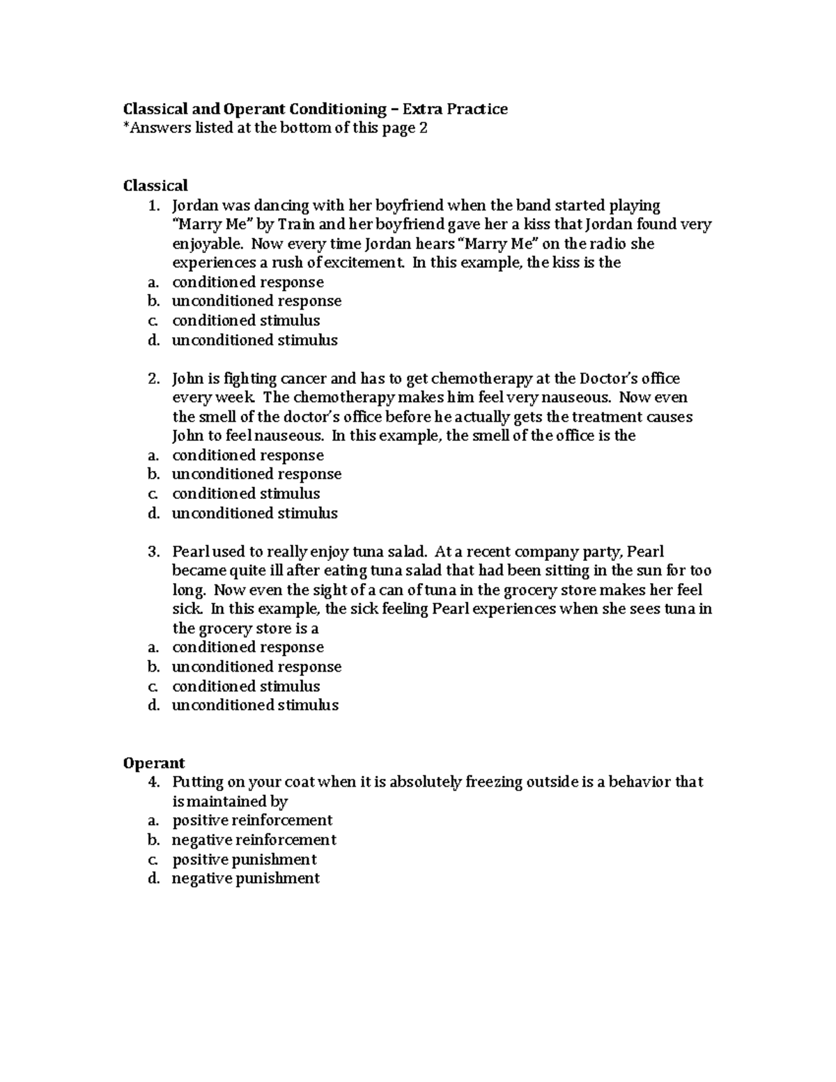 Classical and Operant Conditioning Extra Practice - Learning ...