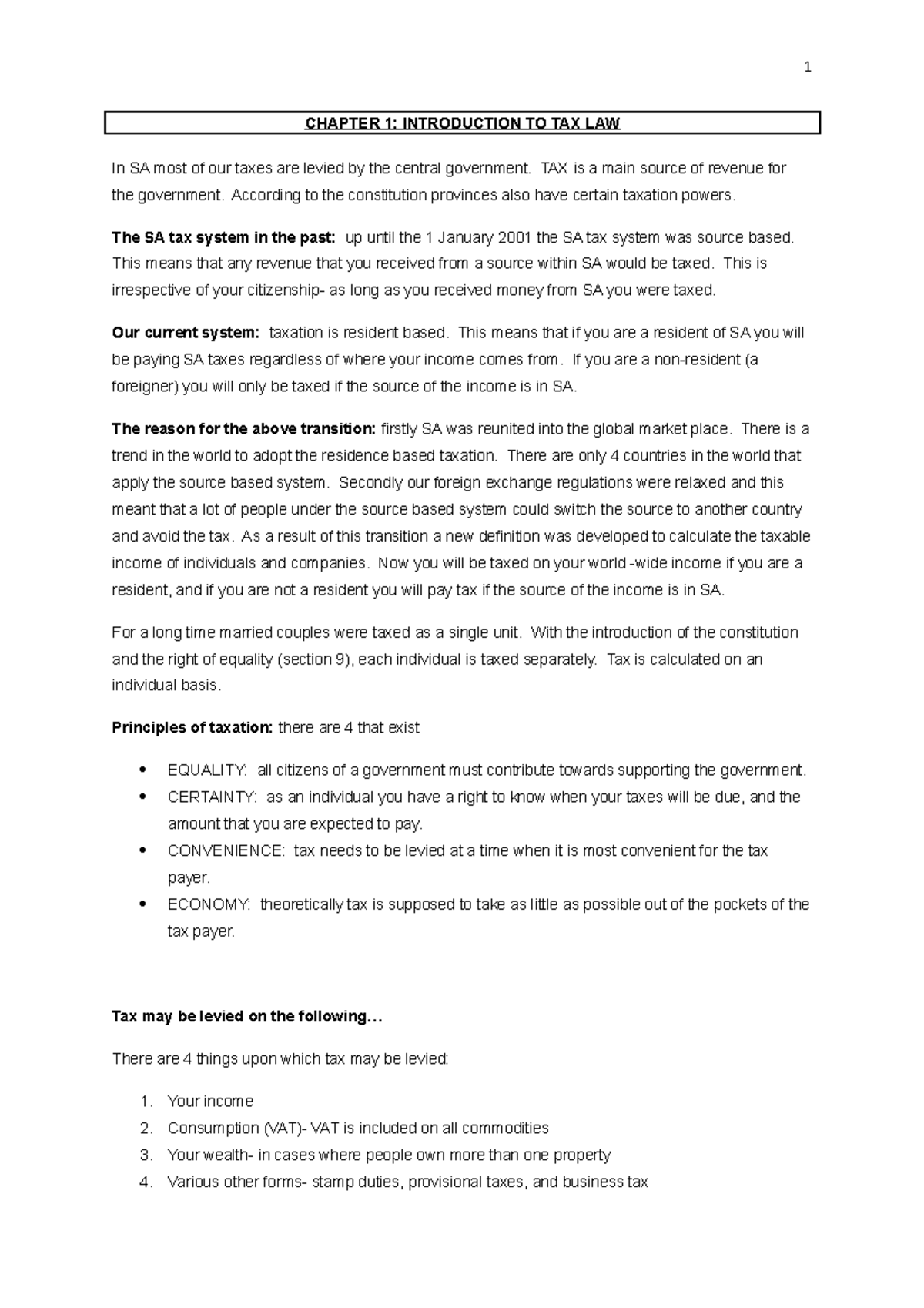 law of taxation - CHAPTER 1: INTRODUCTION TO TAX LAW In SA most of our ...