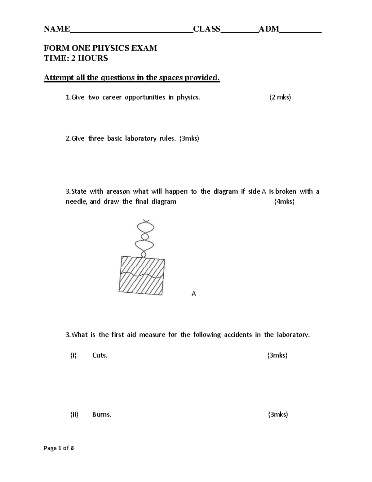 Form One Physics Set 1 QS - NAME_____________________________CLASS ...