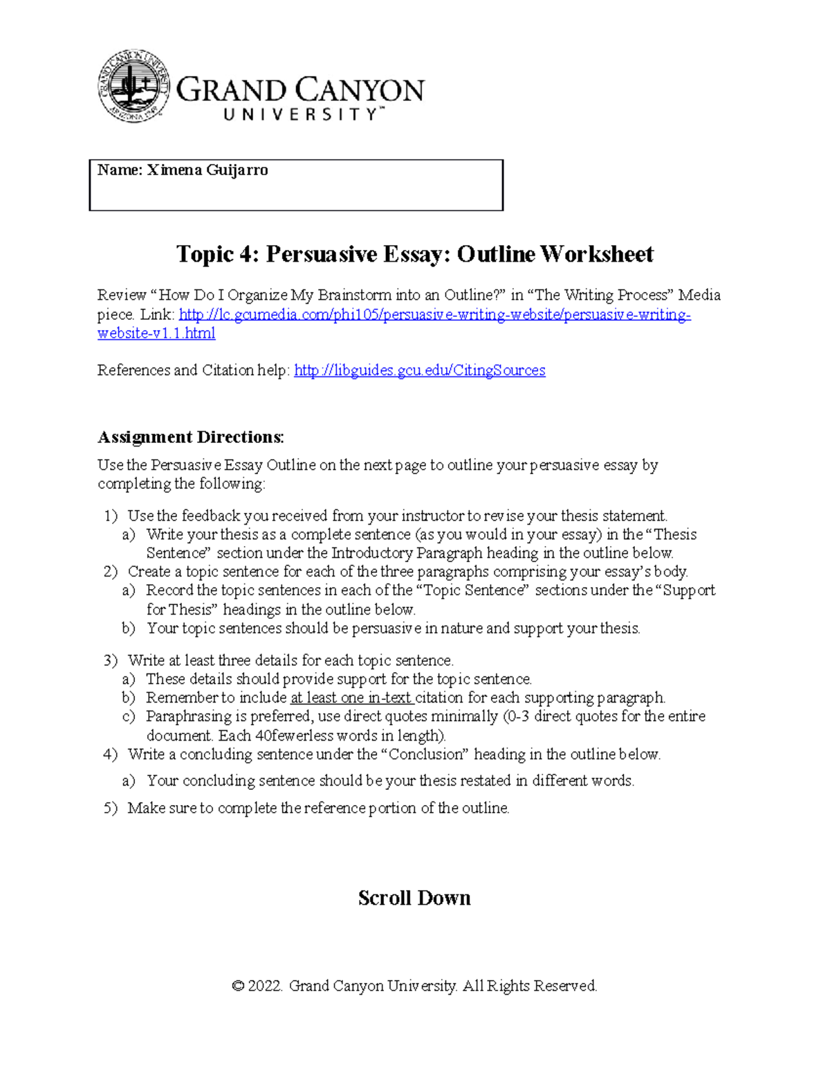 PHI105 Outline Worksheet Persuasive Essay Planning by Ximena Guijarro ...