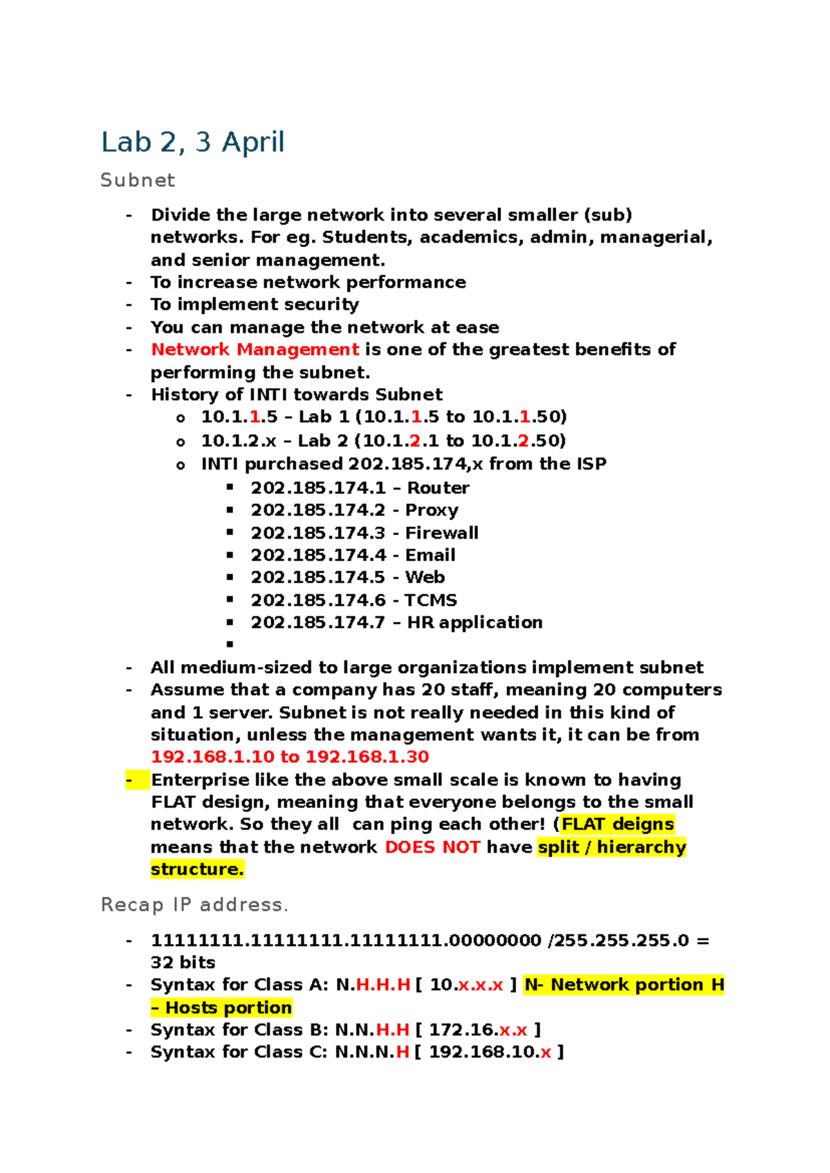 TNE10005 Lab 2 - About IP address, Network ID , Hosts - Lab 2, 3 April Subnet - Divide the large ...