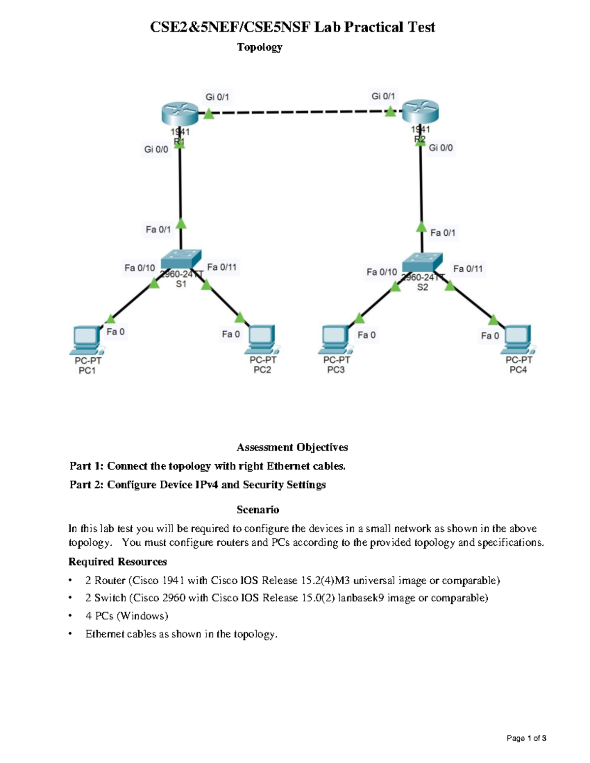 NEF Packet Tracer Lab Exam Instructions - Page 1 of 3 CSE2&5NEF/CSE5NSF ...