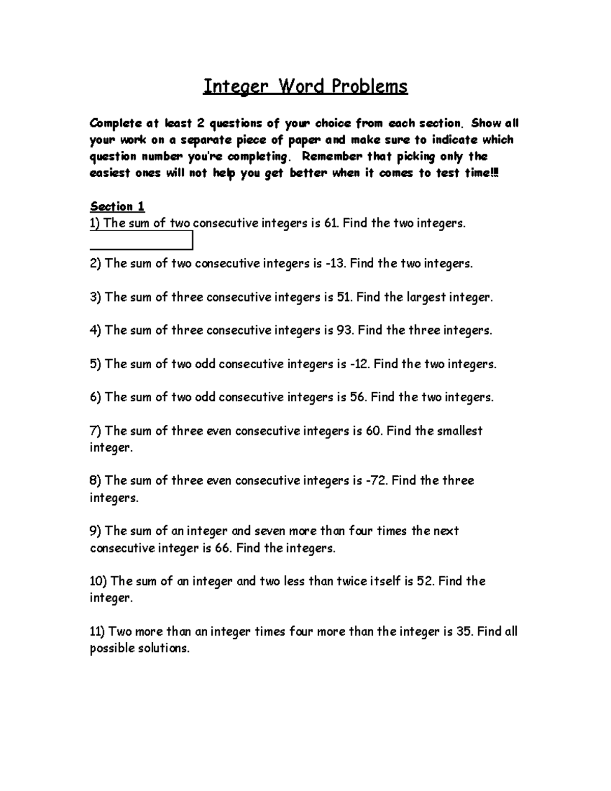 Integer Word Problems - Integer Word Problems Complete at least 2 ...