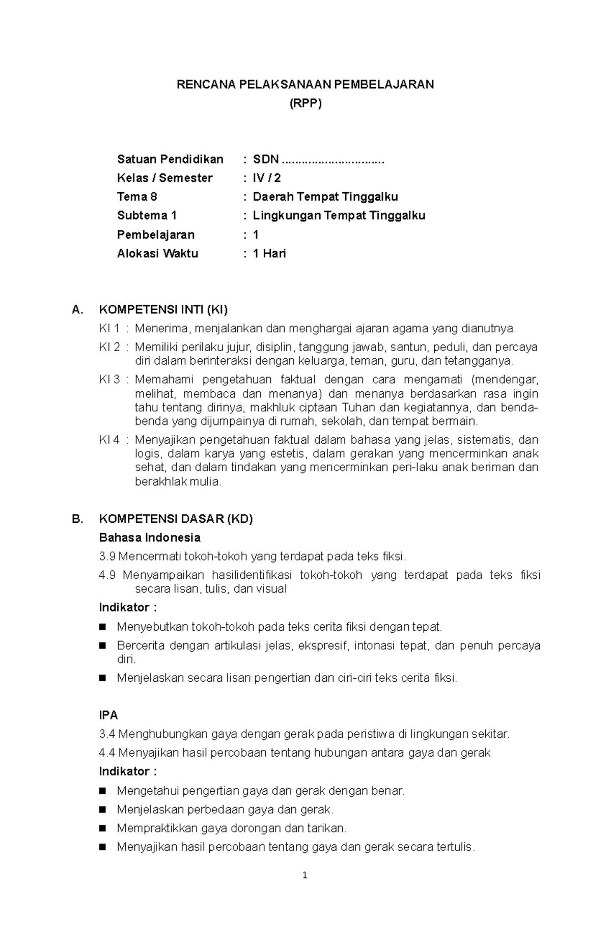 [materiku 86.blogspot.com] RPP Kelas 4 Tema 8-1 - RENCANA PELAKSANAAN ...