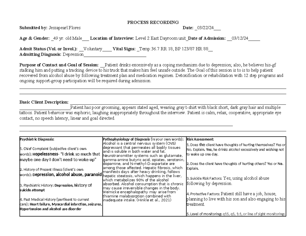Process Recording - PROCESS RECORDING Submitted by: Jessapearl Flores ...