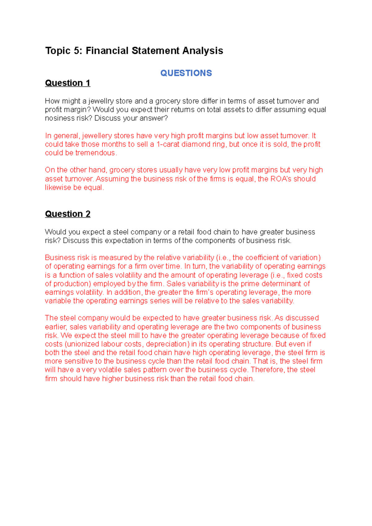 Practice Questions 5 - Topic 5: Financial Statement Analysis QUESTIONS ...