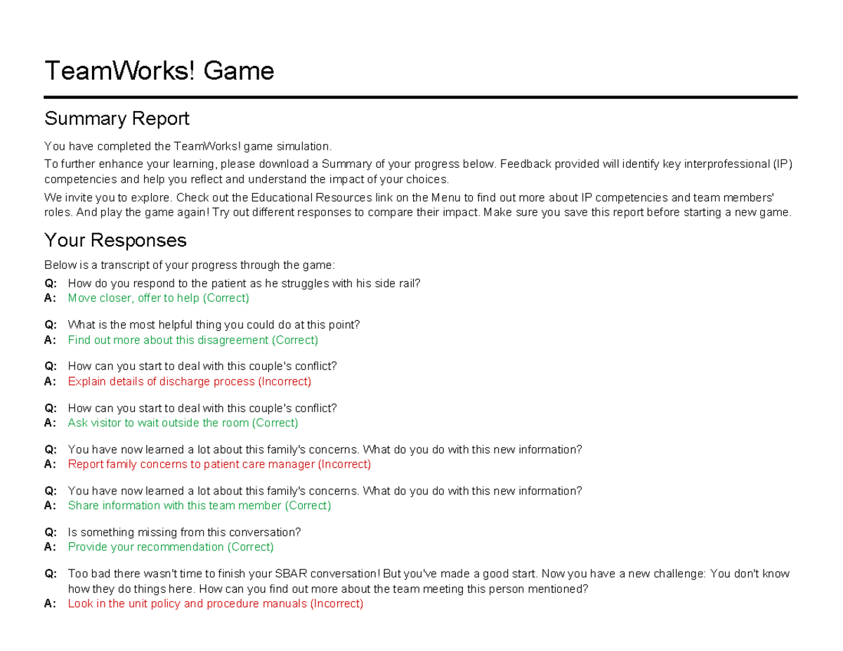 Teamworks game report - TeamWorks! Game Summary Report You have ...