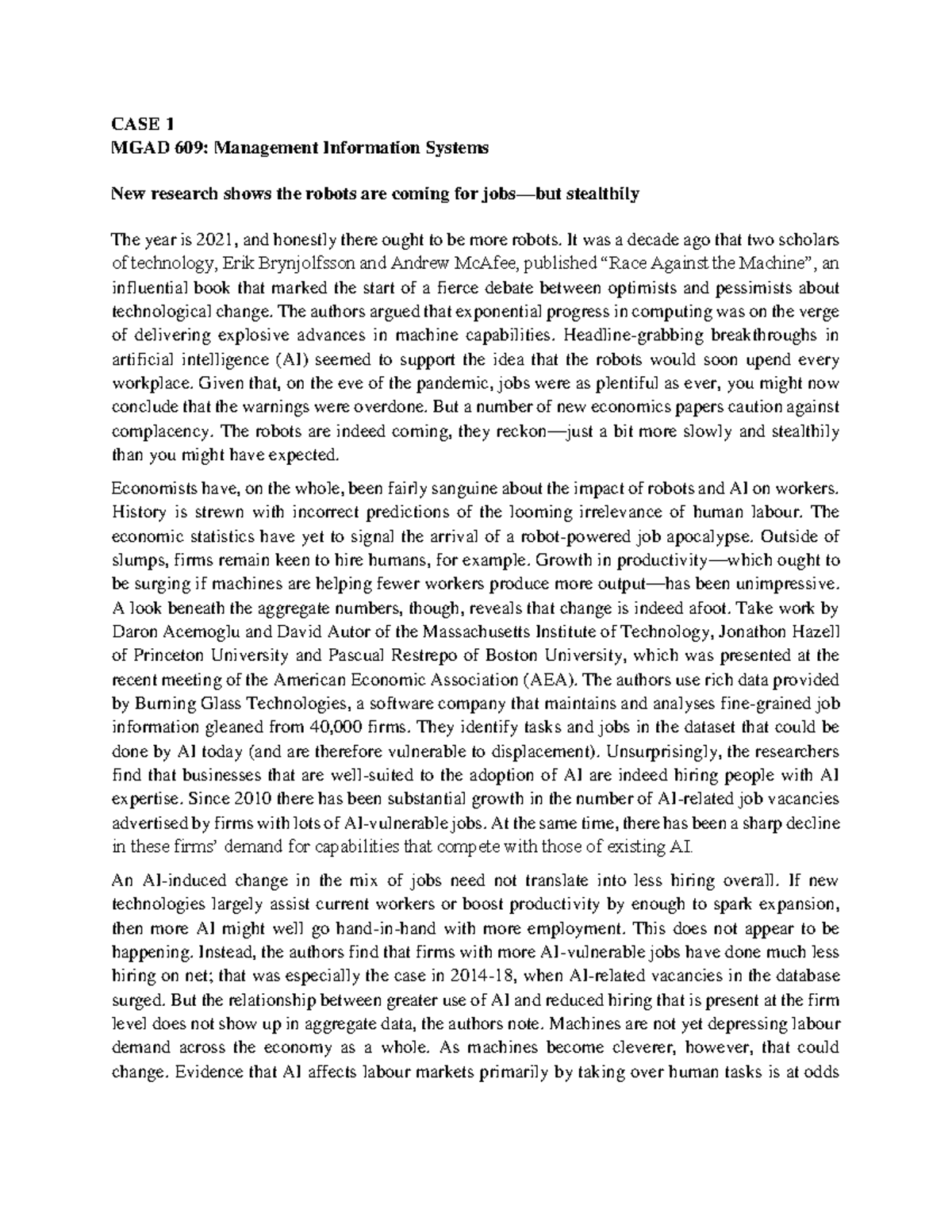 Week 1 case - notes - CASE 1 MGAD 609: Management Information Systems ...