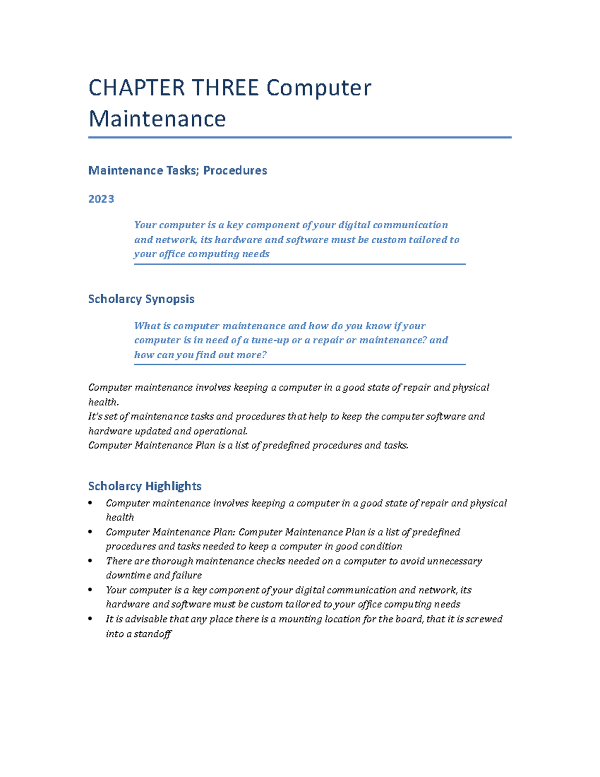 Chapter Three Computer Maintenance Chapter Three Computer Maintenance