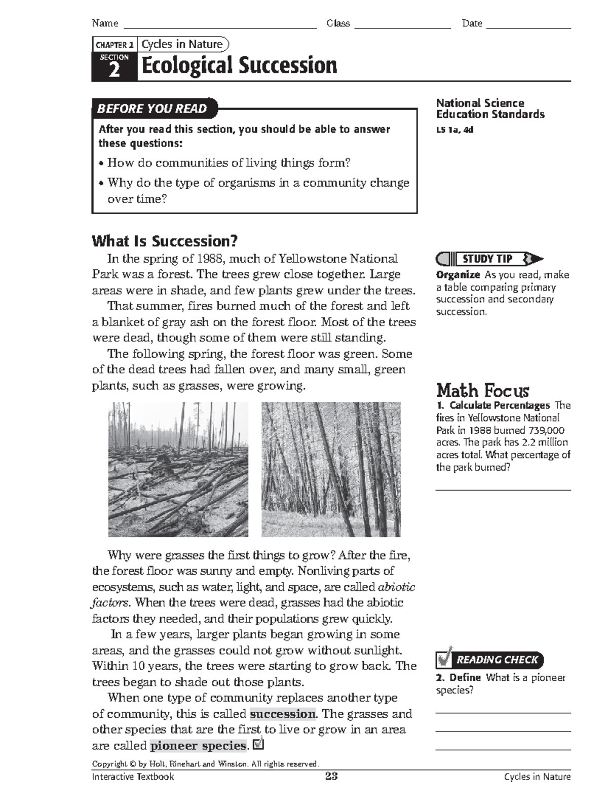 Ecological Succession Worksheet - Copyright฀©฀by฀Holt,฀Rinehart฀and ...