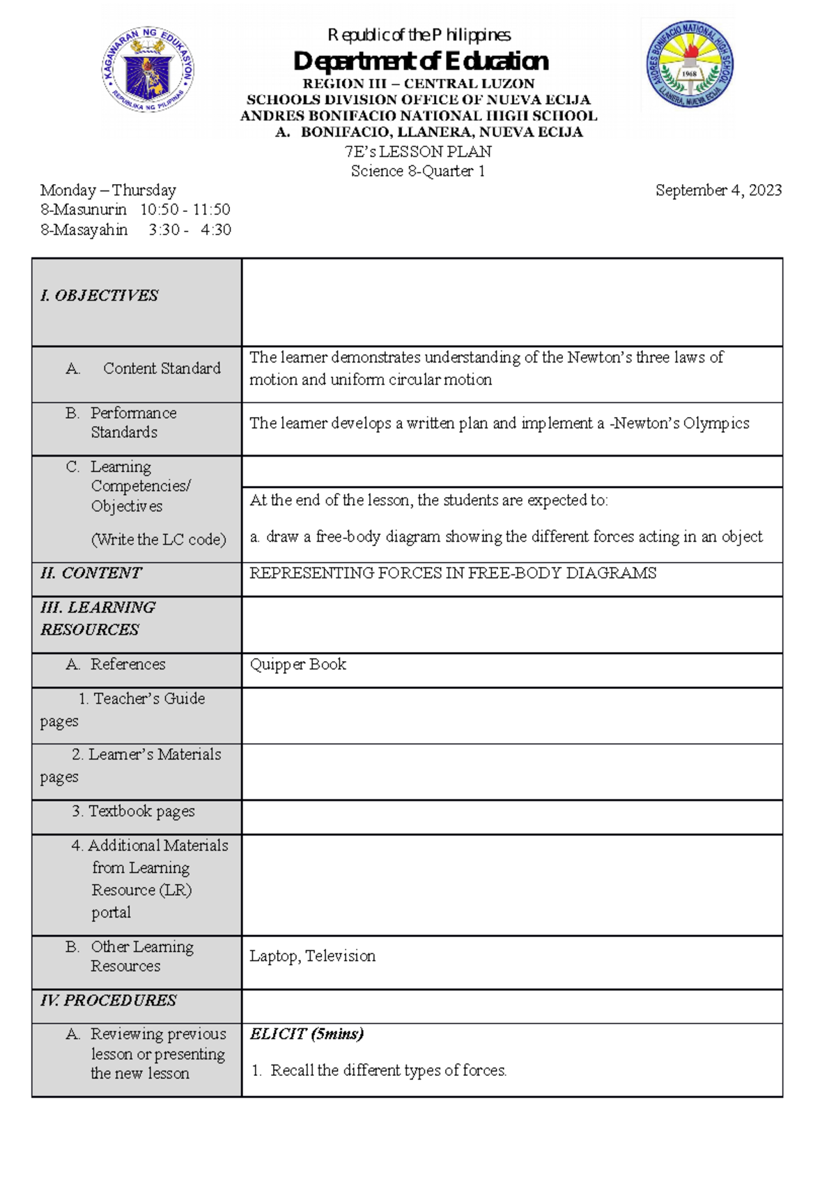 representing forces in a free body giagram - 7E’s LESSON PLAN Science 8 ...