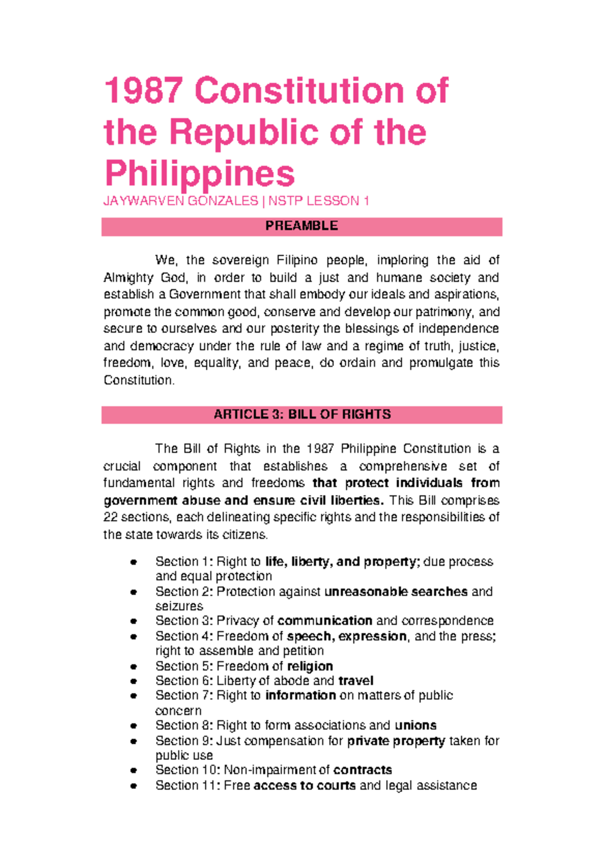NSTP Lesson 1 - preamble, bill of rights, republic act 8491 - 1987 ...
