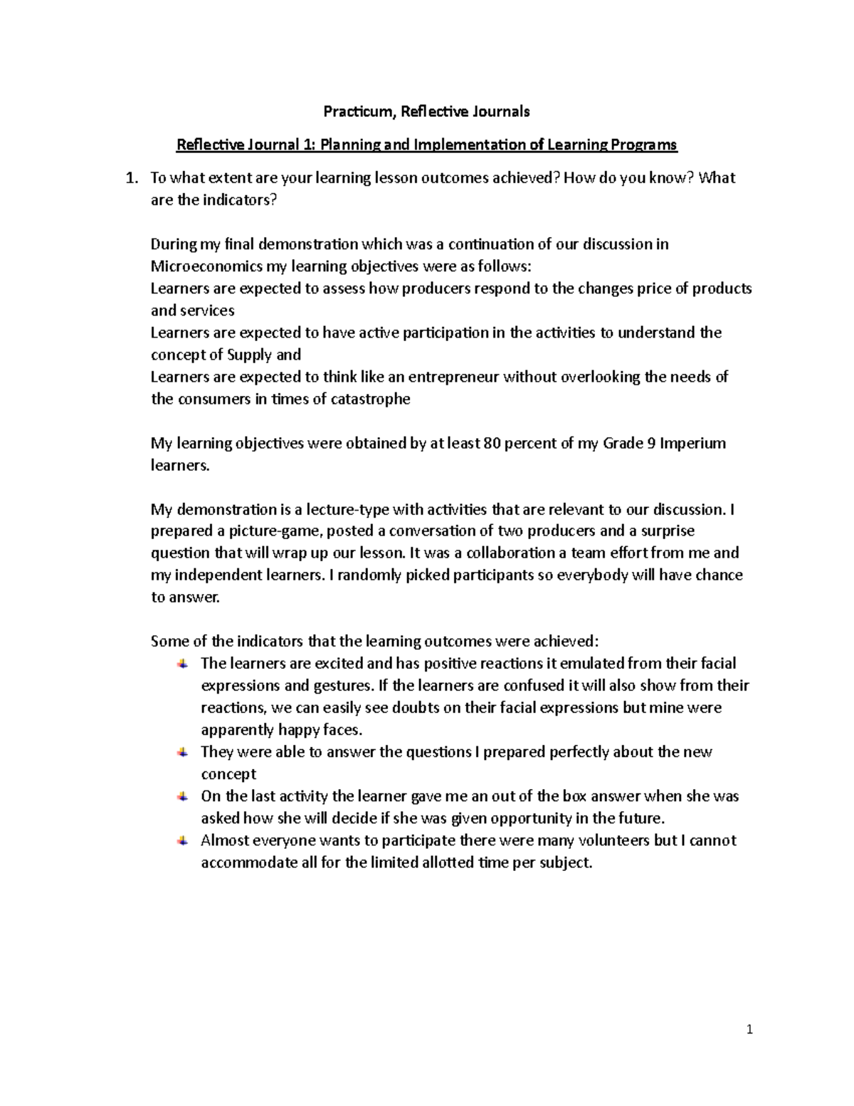 Journal - lecture - Practicum, Reflective Journals Reflective Journal 1: Planning and ...