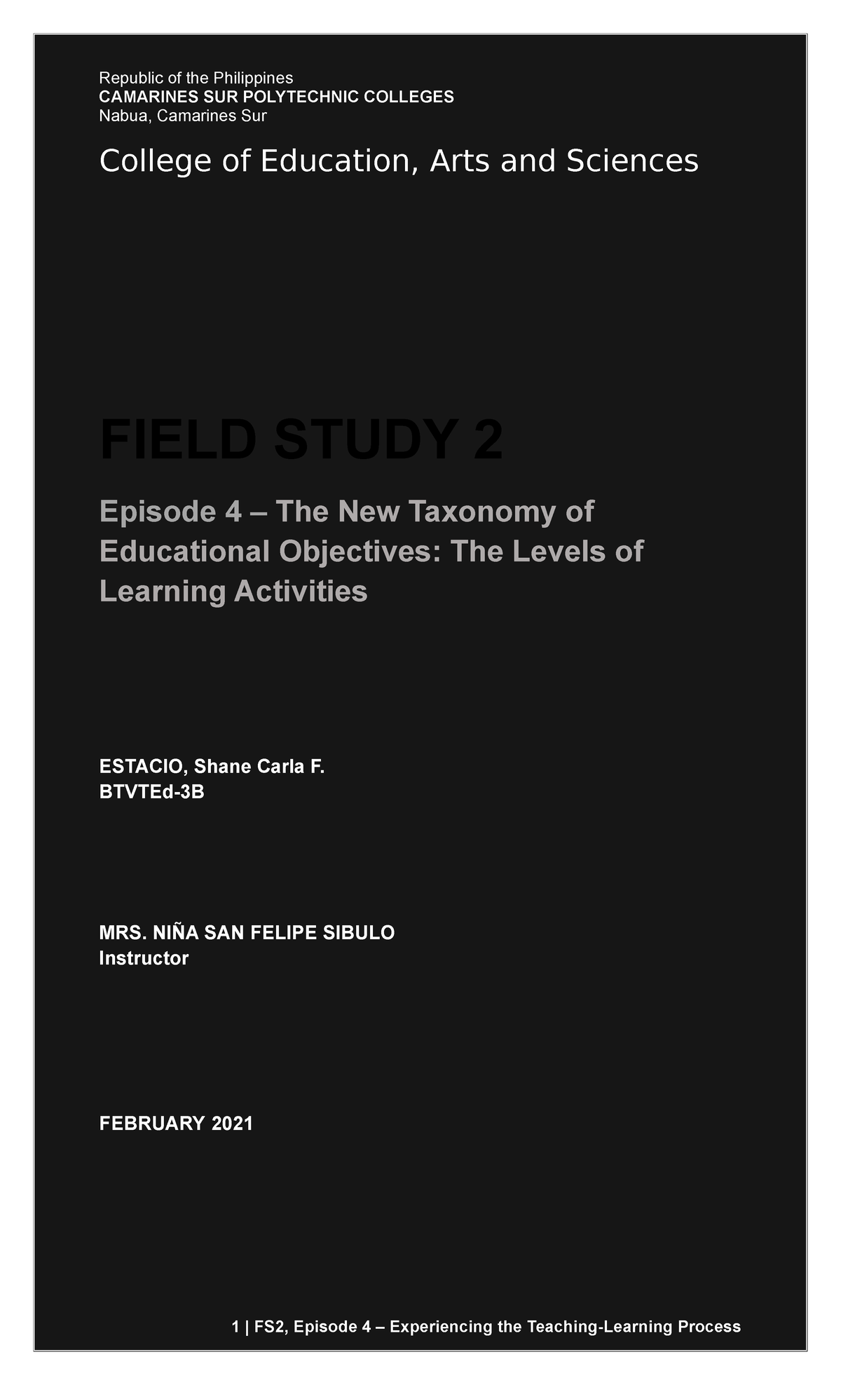 Field Study 2 Episode 4 - bachelor of technical teacher education - Studocu